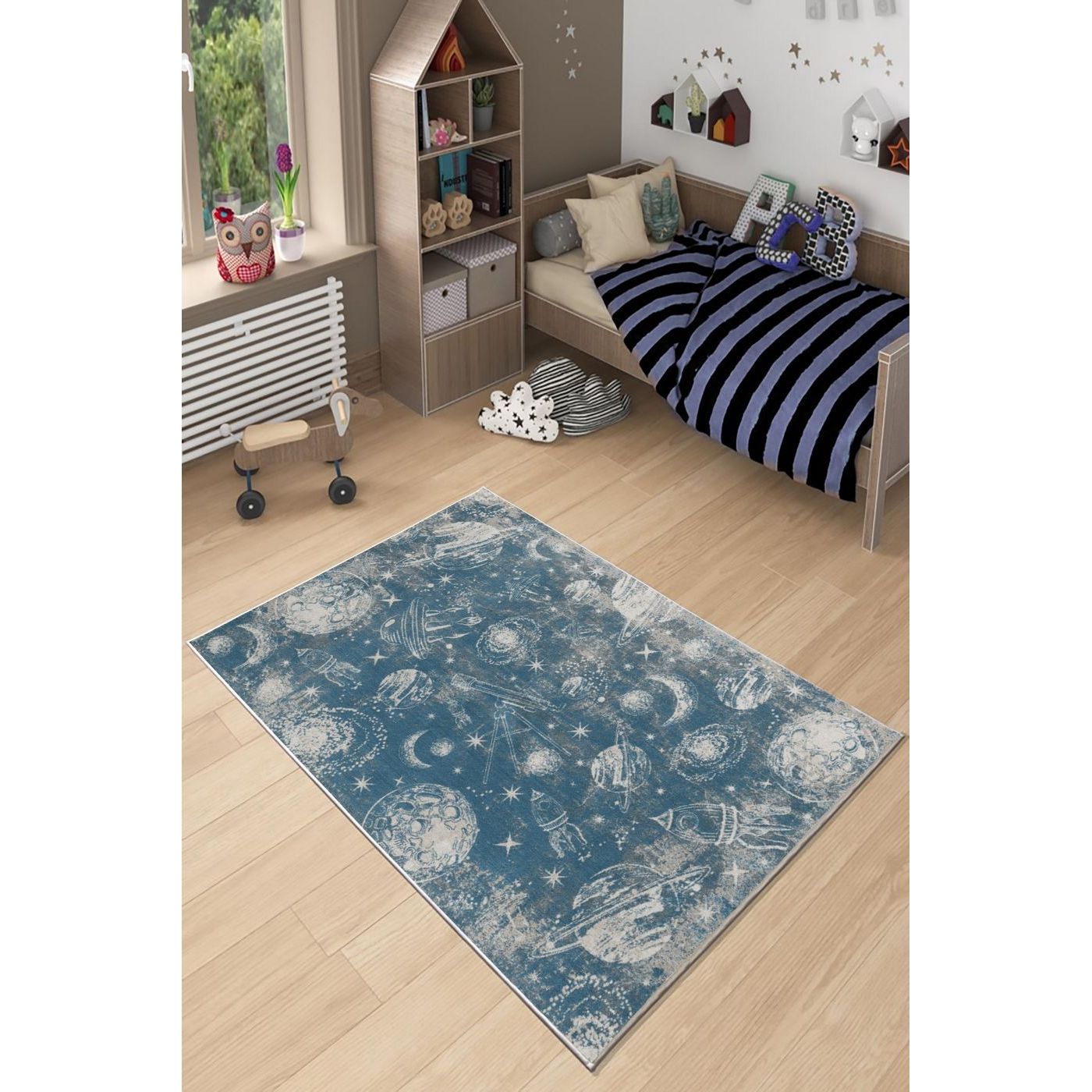 Lastenhuoneen matto Linento Planeetat 100x200cm sininen