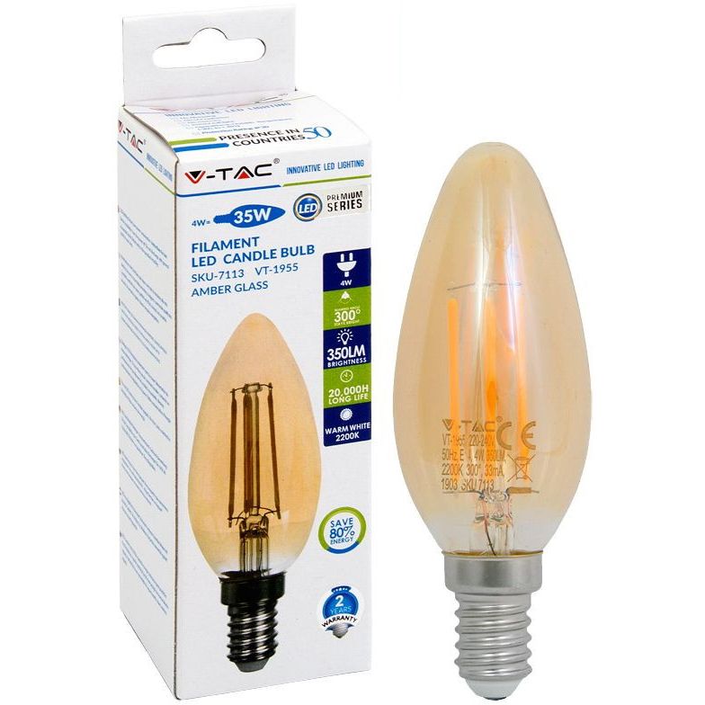 LED-polttimo V-TAC 4W E14 2200 K 350 lm kynttilämalli meripihka ...