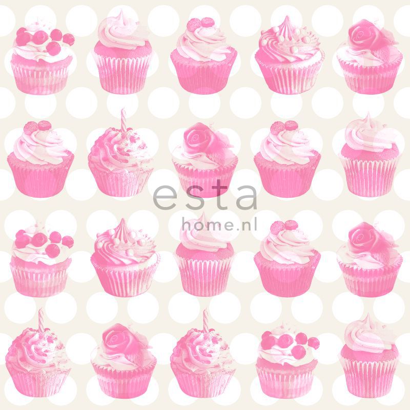 Tapetti Cupcakes with Shiny Dots 138723 0,53x10,05 m pinkki | Taloon.com